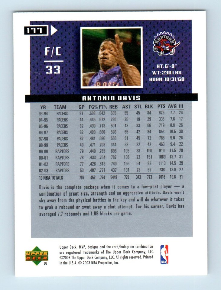 2003-04 Upper Deck Black Diamond Antonio Davis Toronto Raptors #33 | eBay