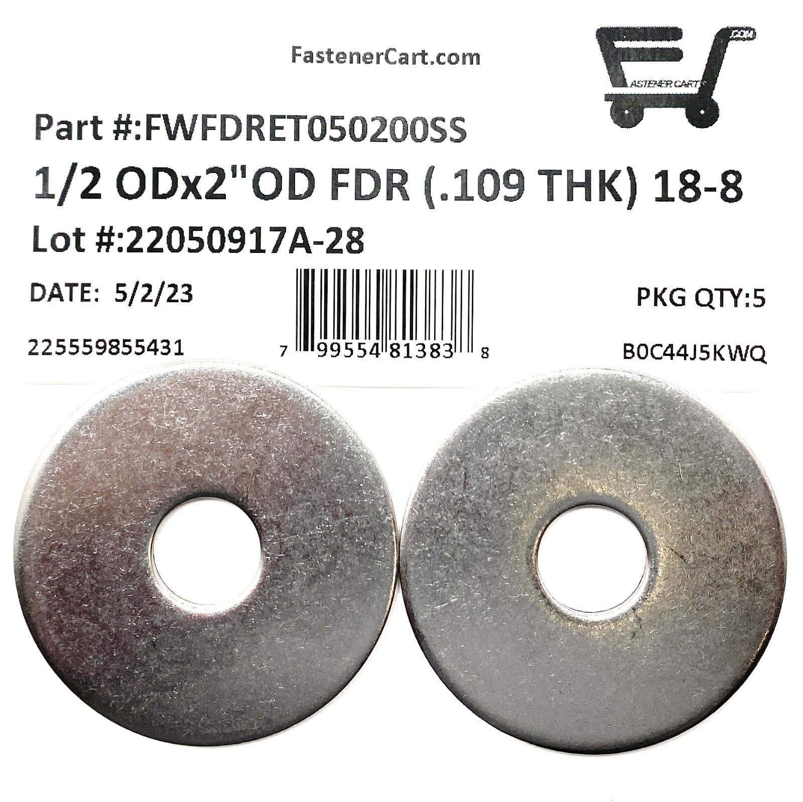 (5) 1/2 ID x 2 OD Stainless Steel Fender Washer (.109 THK) Large OD ...