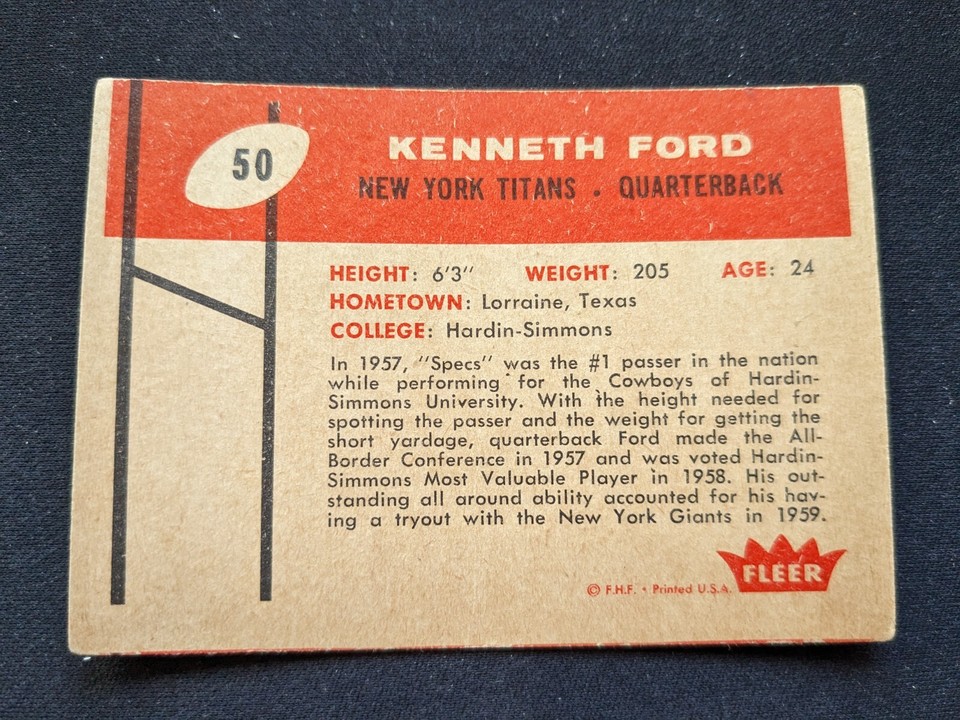 1960 Fleer Football Card # 50 Kenneth Ford RC - New York Titans (VG) | eBay