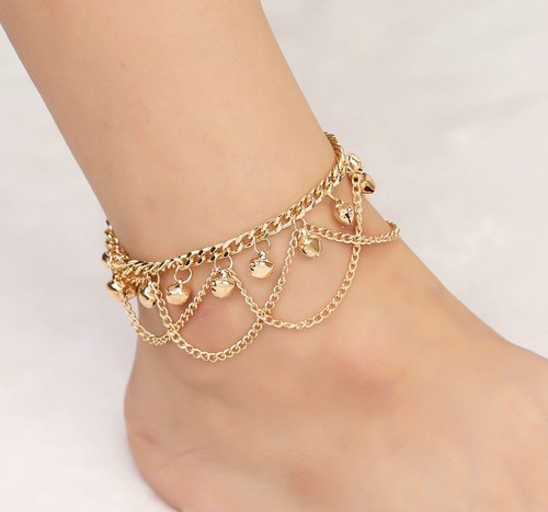 Indian Bridal 18K Gold Layered Bead Bell Tassel Anklet Ankle Bracelet ...