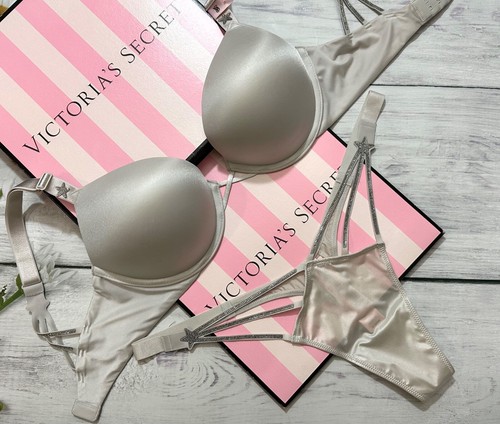 Victoria’s Secret Bombshell Starstruck Shine Push-Up Bra Thong Set Grey ...