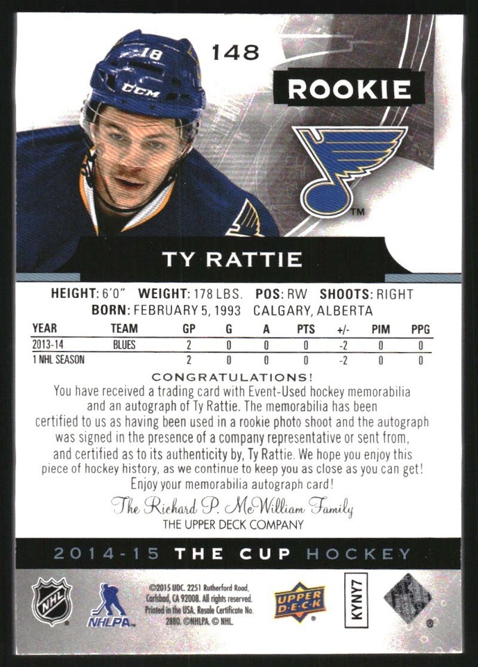 2014-15 The Cup #148 Ty Rattie Rookie Autograph Jersey /249 | eBay