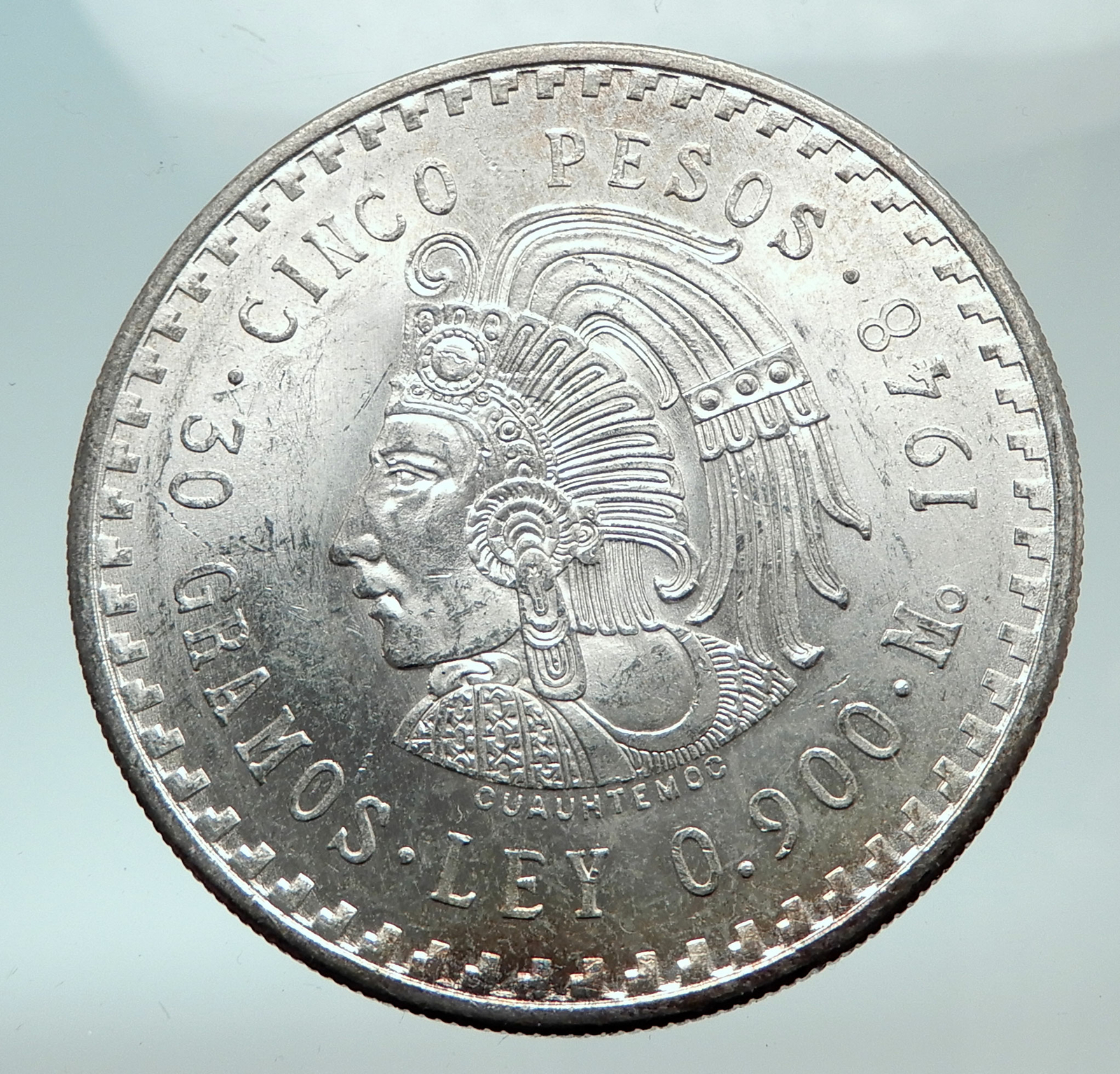 1948 MEXICO Aztec Chieftain CUAUHTEMOC Eagle Genuine Silver 5 Peso Coin ...