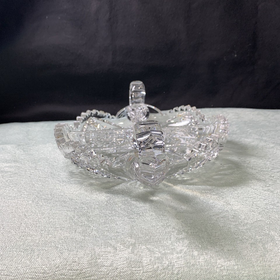 2 Handle Nappy Divided Dish American Brilliant Period Cut Glass Hobstar ...