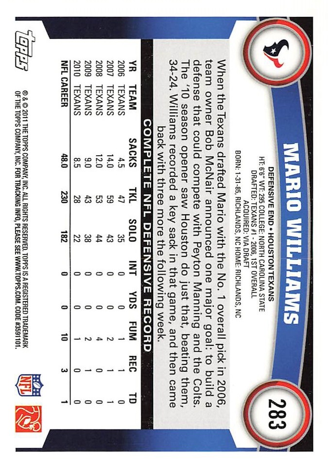 2011 Topps #283 Mario Williams Houston Texans | eBay