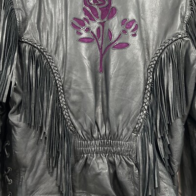 UNIK Leather Black Biker Jacket Fringe Purple Rose Zip Front UNIK Leather Black Biker Jacket Fringe Purple Rose Zip Front