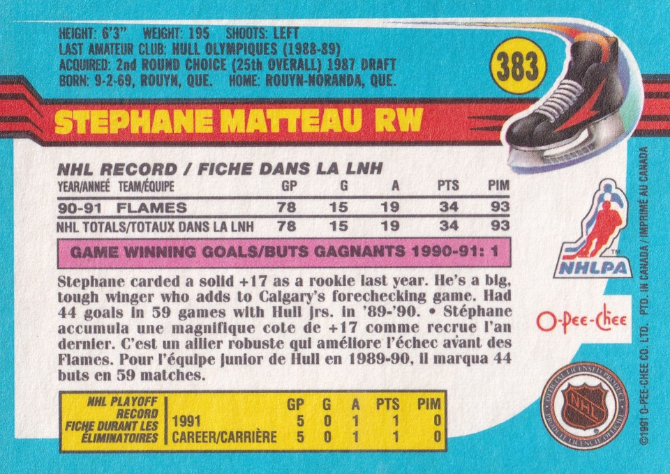 1991-92 O-Pee-Chee #383 Stephane Matteau- Calgary + (Yes 3 Free Mystery ...