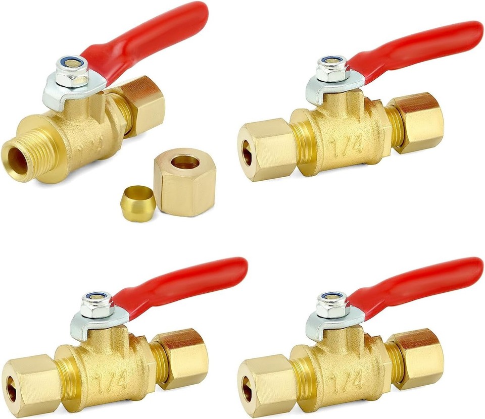 4 Pack 1/4” Compression Mini Ball Valves Lead-Free Brass Water Shutoff ...