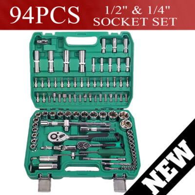 94PC 1/2" 1/4" Socket Set & Screwdriver Bit Torx Ratchet Green Case ...