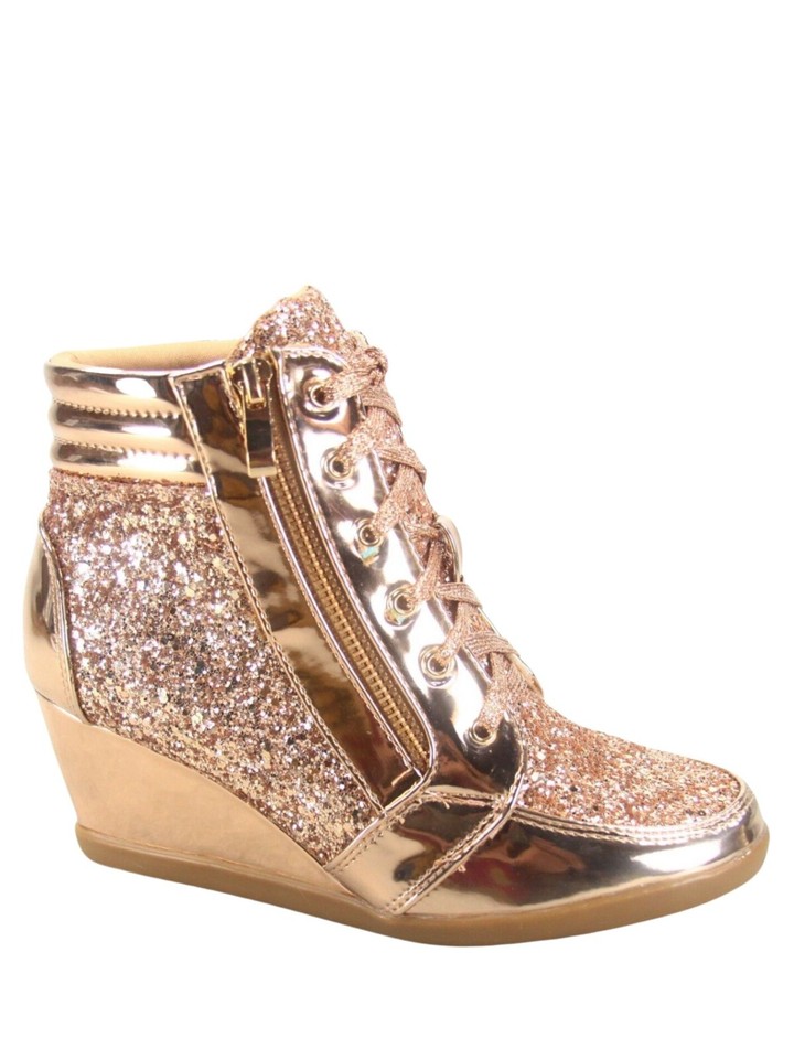 Women's Shiny Patent Glitter Ankle Wedge Lace UP Party Sneaker Booties ...