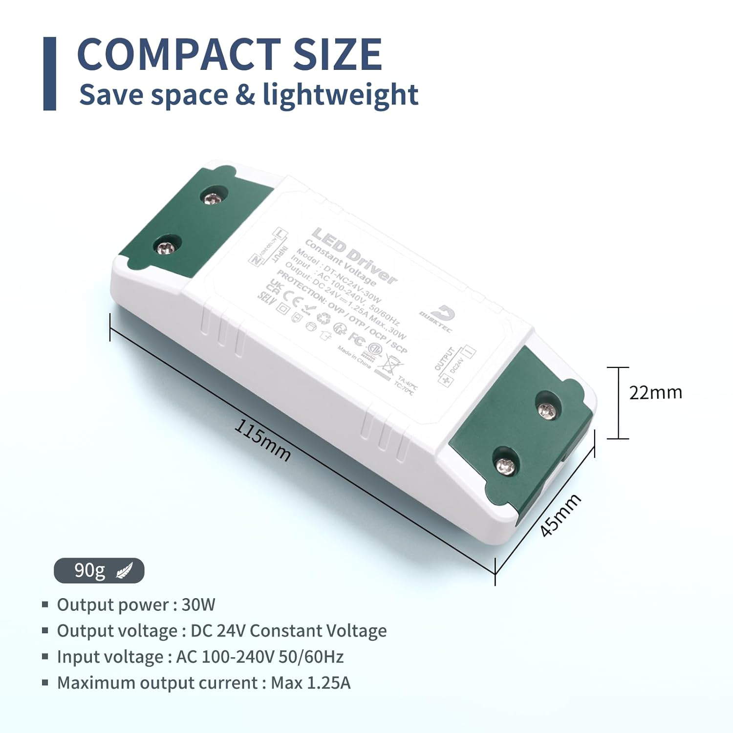 DUSKTEC 24V LED Driver 30W Constant Voltage, Mains Transformer 240V AC ...