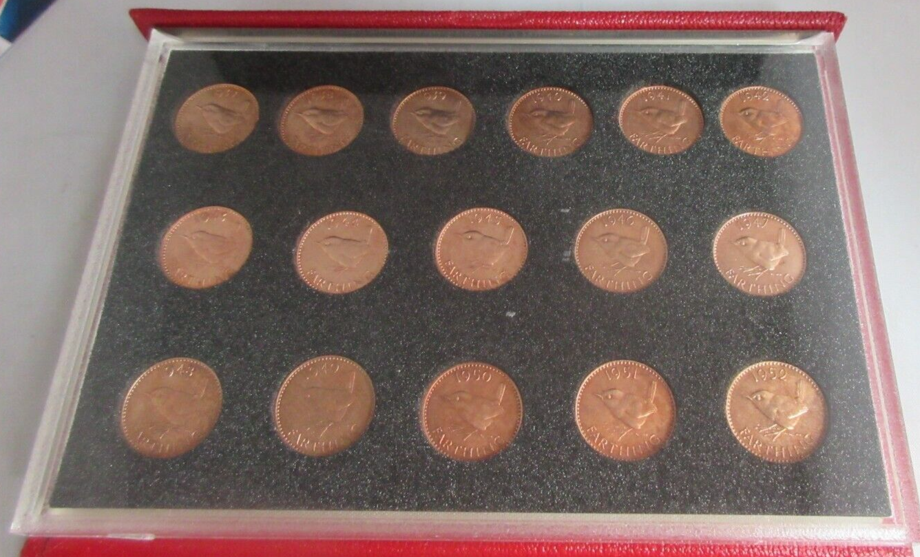 COMPLETE SET OF FARTHINGS GEORGE VI 1937-1952 UNC 16 COIN SET IN R/MINT ...