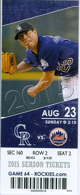 2015 Rockies vs Mets Ticket: Logan Verrett 1st MLB win/Carlos Gonzalez ...