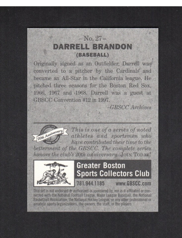 #27 DARRELL BRANDON, Red Sox~2006 GBSCC Convention Boston Sport Kings ...