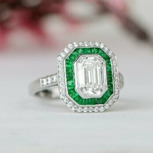 3CT Emerald Lab Created Diamond Vintage Engagement Ring 14K White Gold ...