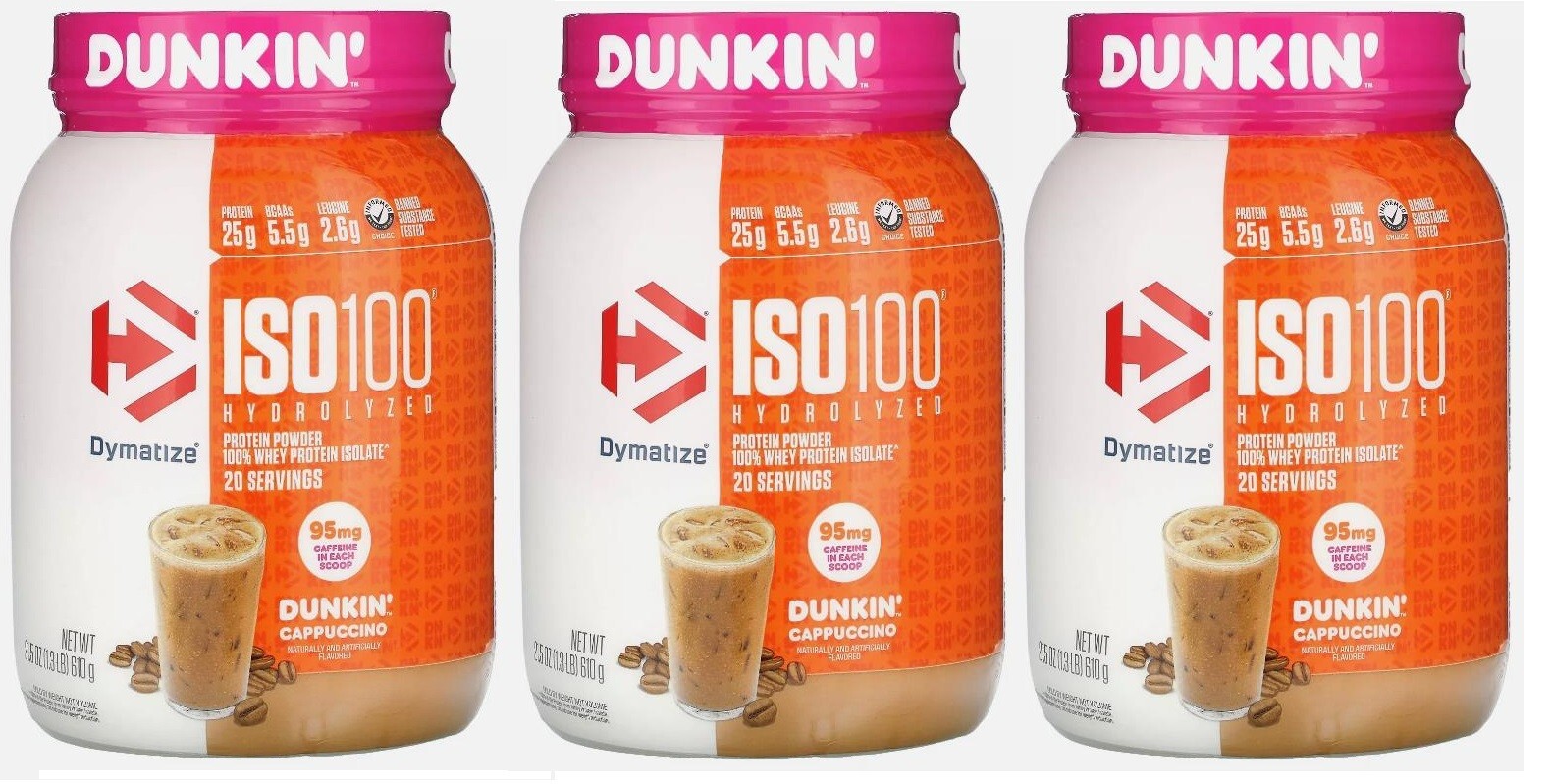 Lot of 3 Dymatize ISO100 100% Whey Protein Isolate, Dunkin’ Cappuccino ...
