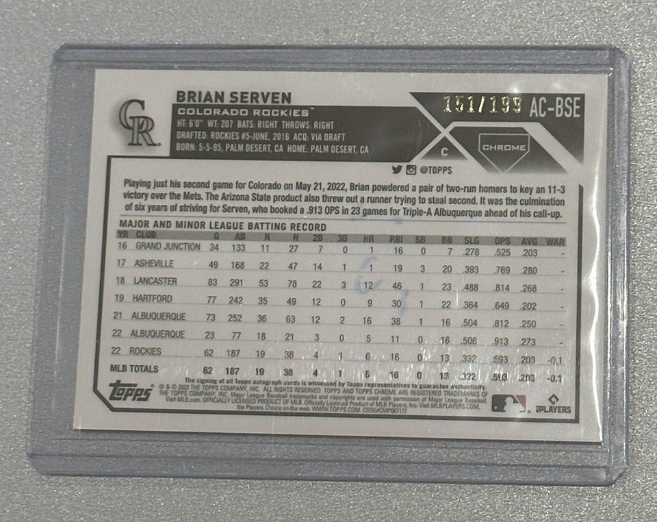 2023 Topps Chrome Brian Serven RC Aqua Wave Autograph #151/199 Colorado ...