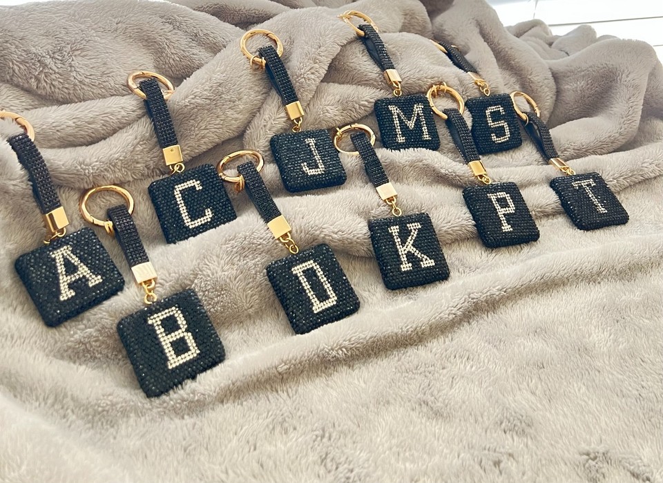 Rhinestone Alphabet Initial Letter Keychain Key Ring Bag Charm Black ...