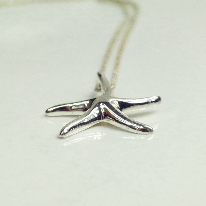 Sterling Silver Starfish Pendant On 16" 1mm Cable Chain Marine Ocean ...
