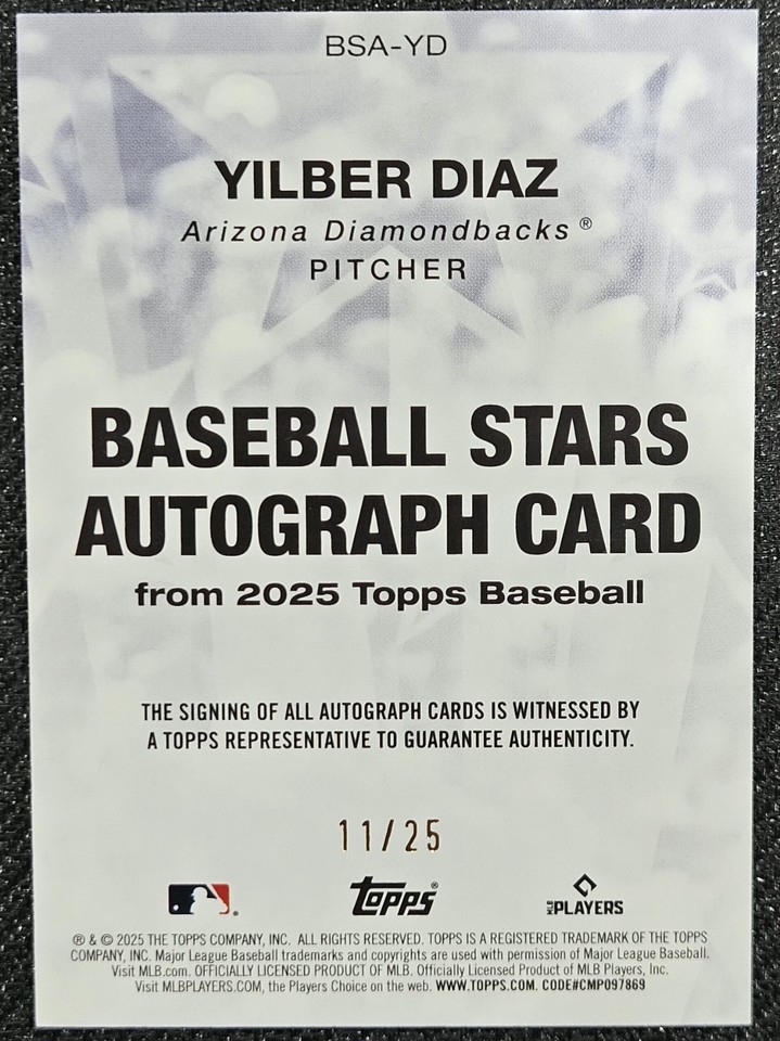 Yilber Diaz 2025 Topps Series 1 Orange Autograph /25 Arizona ...