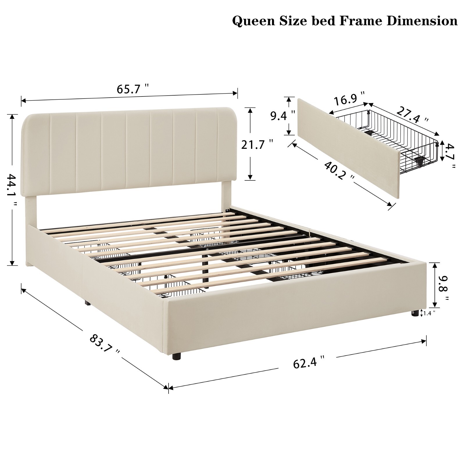 Upholstered Bed Frame + 4 Storage Drawer Platform Queen Full Size with ...
