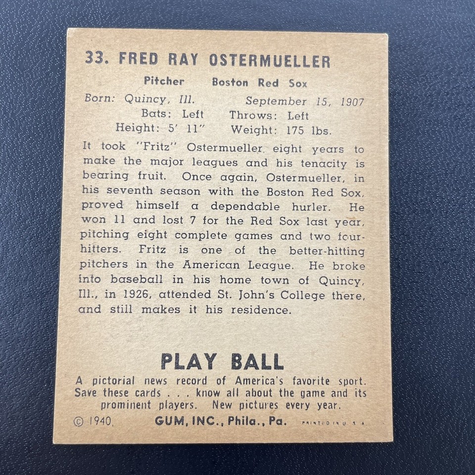 1940 Play Ball # 33 Fritz Ostermueller EX-MINT Red Sox | eBay