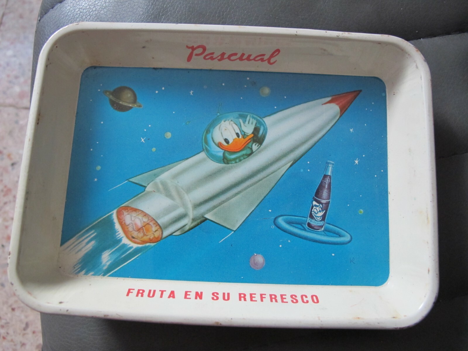 Vintage Mexican PASCUAL SODA DONALD DUCK small tin tray DUCK ROCKET IN ...