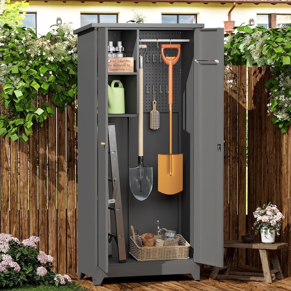 Metal Outdoor Storage Shed, Garden Tool Cabinet Weatherproof Locking ...