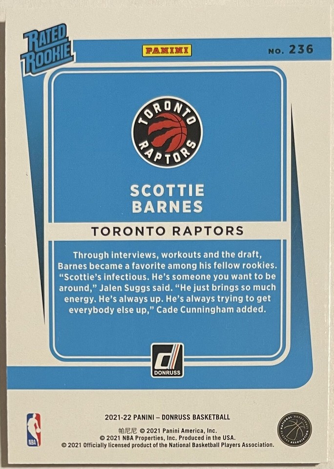 Scottie Barnes 2021-22 Donruss Rated Rookie Orange Laser Rookie Card RC ...