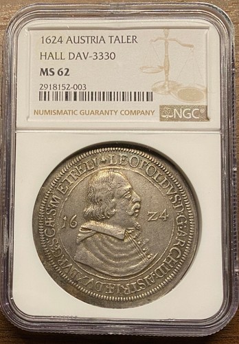 1624 (16Z4) Austria Hall 1 Taler Archduke Leopold Coin NGC MS62 UNC DAV ...