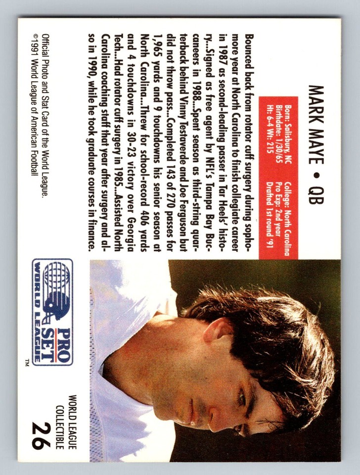 1991 Pro Set #26 Mark Maye Raleigh-Durham Skyhawks WLAF Inserts | eBay