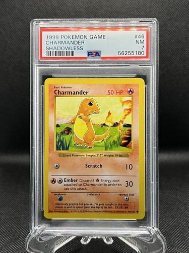 PSA 7 MINT - SHADOWLESS CHARMANDER Pokemon Card - 1999 Base Set - #46/ ...