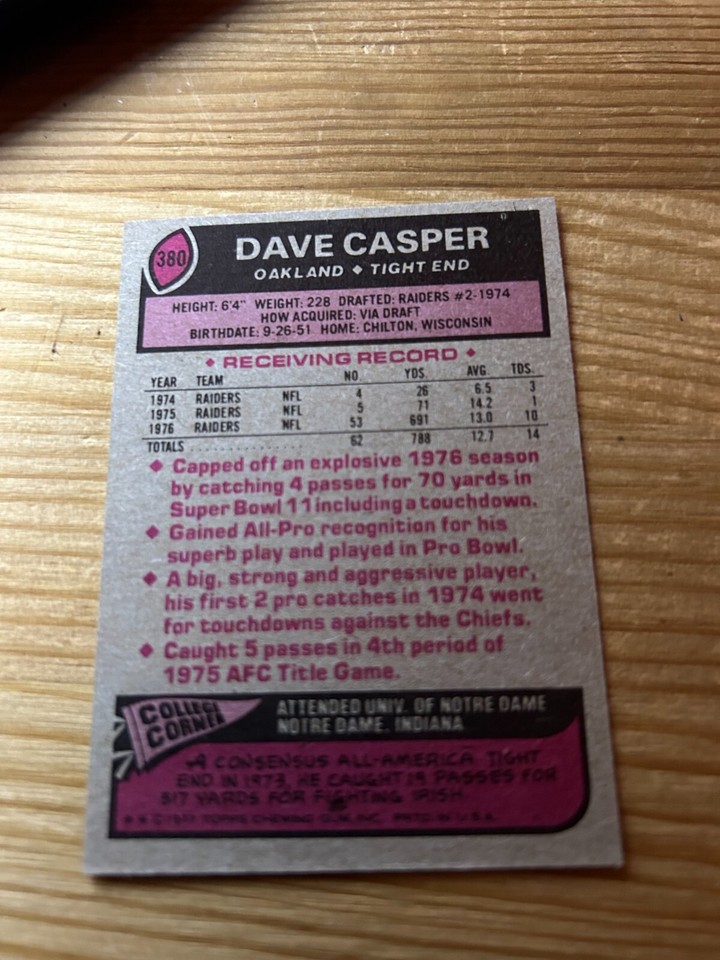 1977 Topps Dave Casper #380 Raiders Football Card | eBay