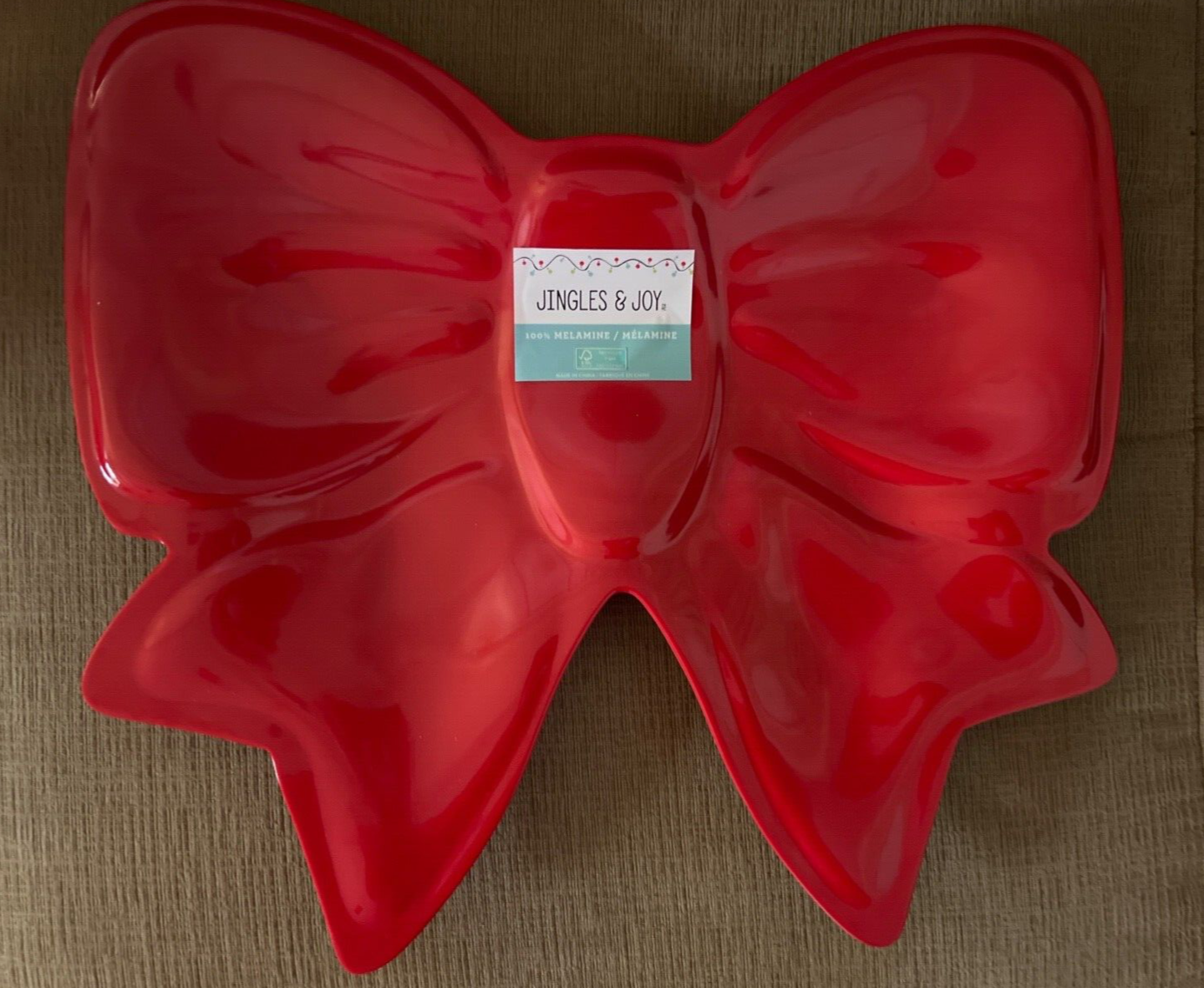 NEW Jingles & Joy Red Bow Shaped Figural Platter 17” x 16” Melamine ...