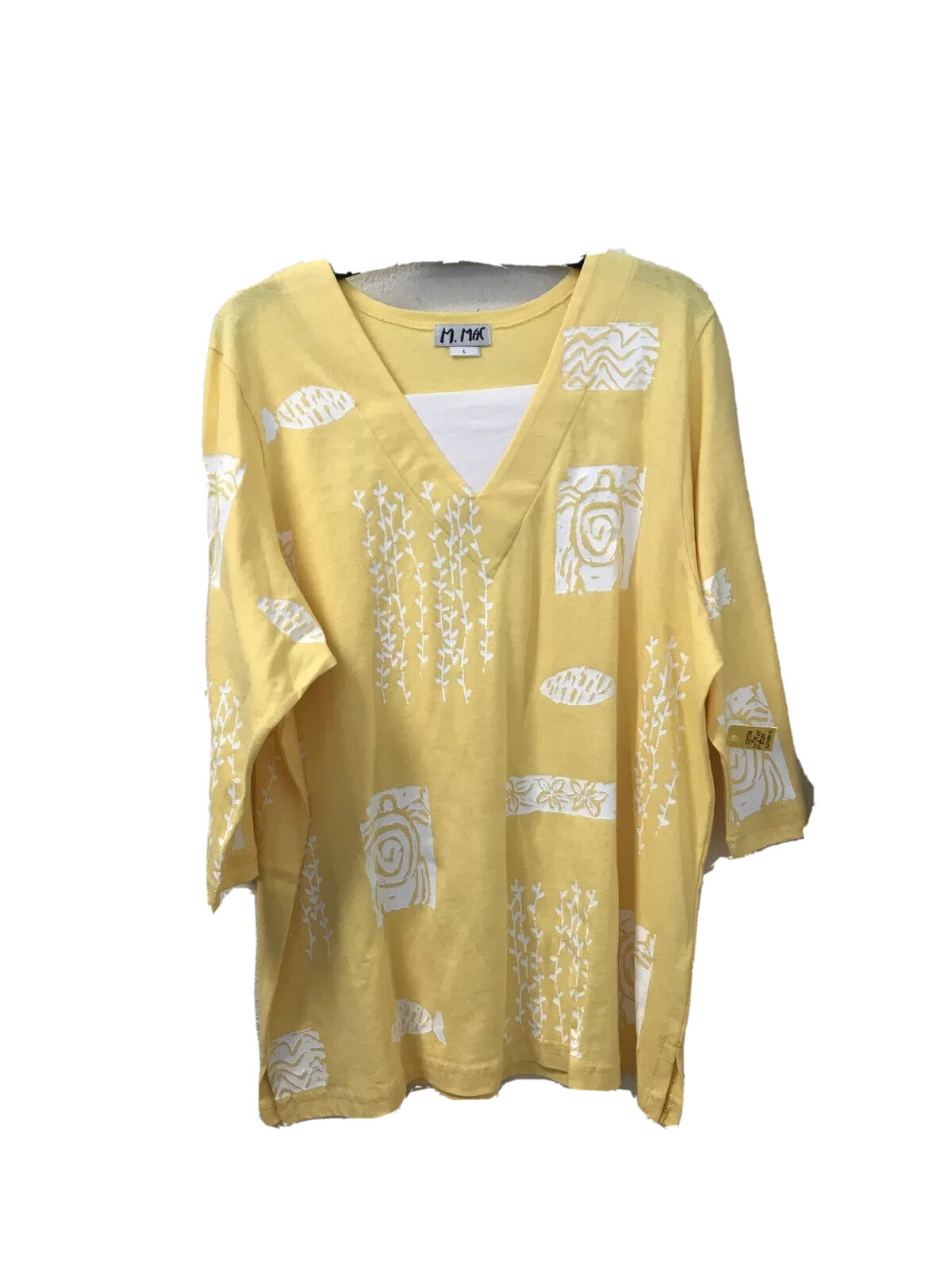 M. MAC Tunic Top S Yellow White 3/4 Sleeve Pullover Cotton Side Slits ...