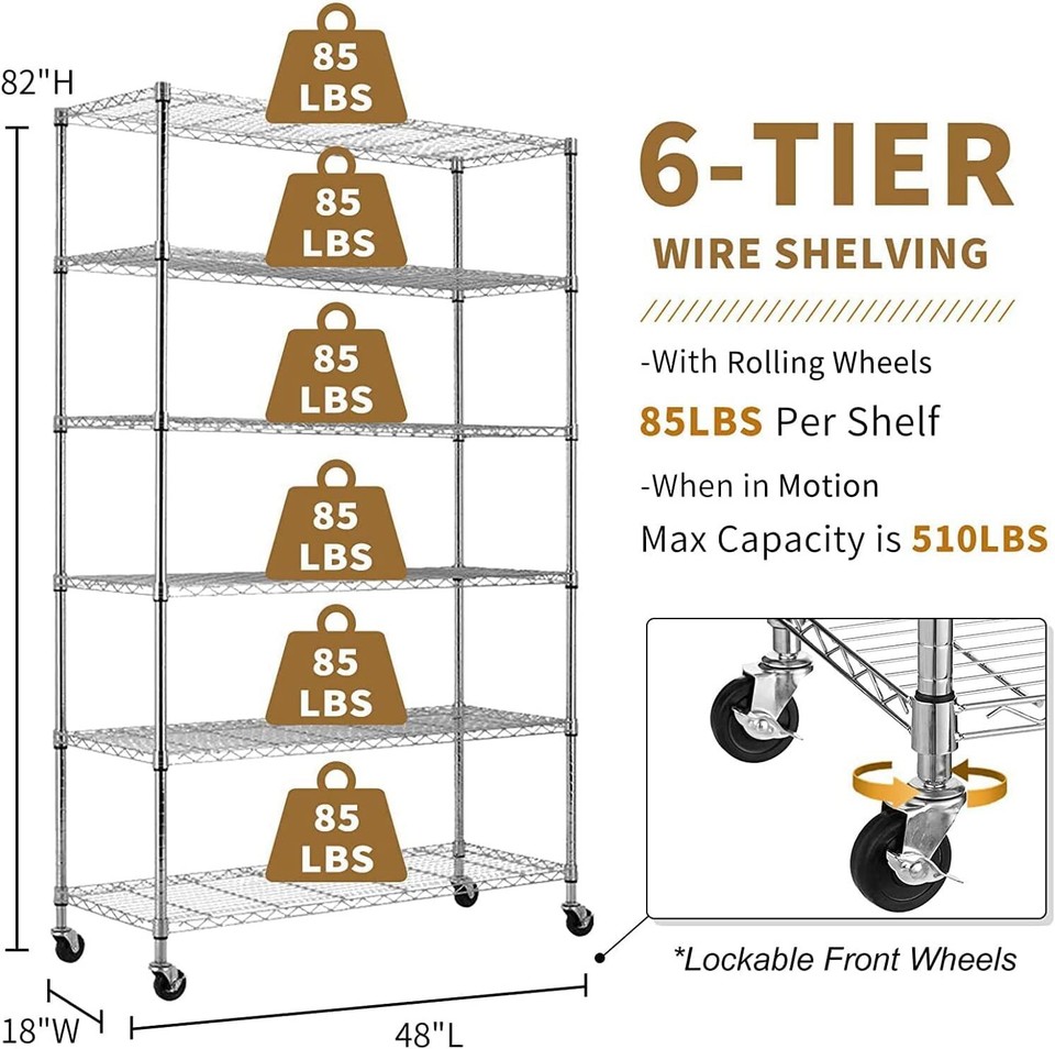 6 Tier Wire Shelving Unit, Heavy Duty Adjustable Metal Shelf Storage ...