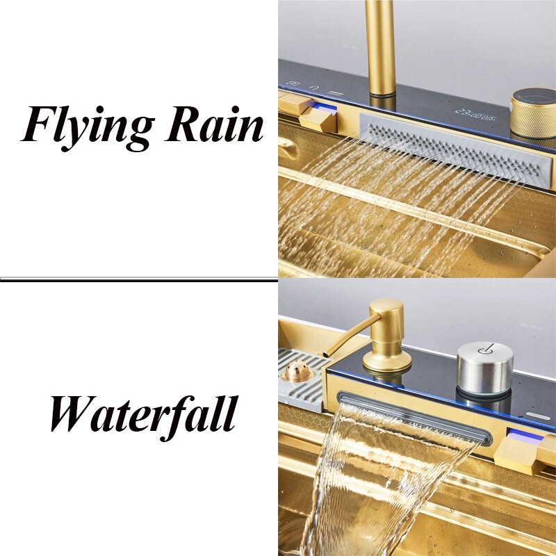 Brushed Gold Flying Rain Stainless Steel Waterfall Kitchen Sink Pull ...