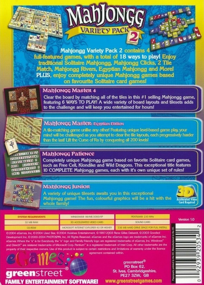 Mahjongg Variety Pack 2 - PC CD-ROM Game - Brand New & Sealed | eBay