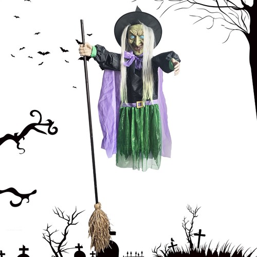 Halloween Flying Witch Broom Prop with Sounds and Lights for Outdoor ...