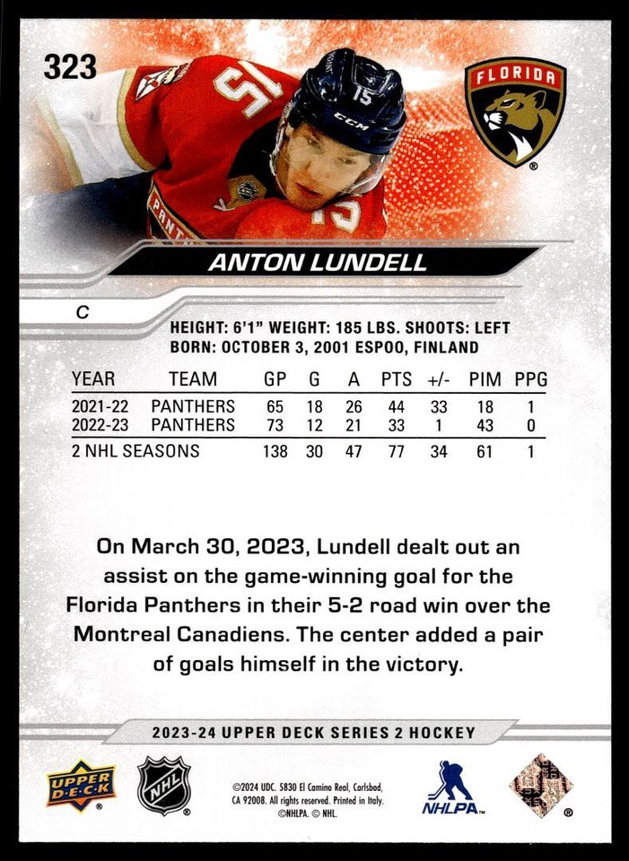 2023-24 Upper Deck Series 2 Anton Lundell 323 | eBay
