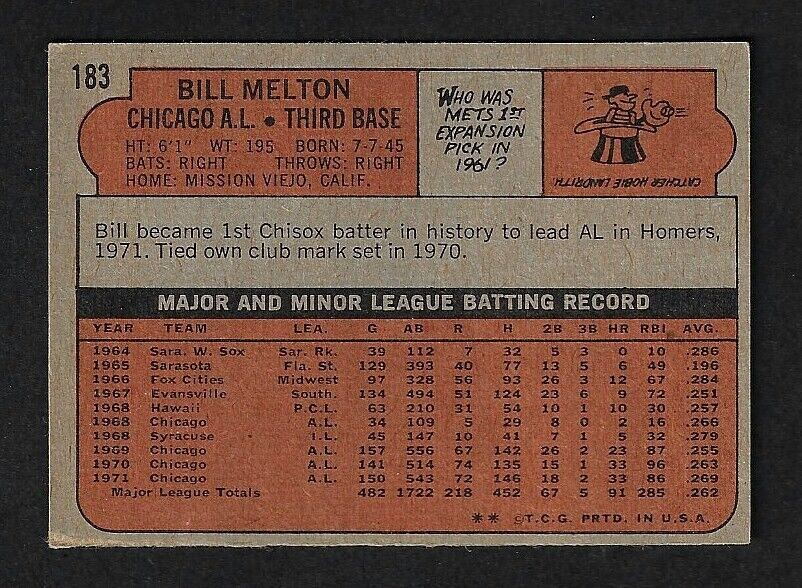1972 Topps Baseball Card #183 Bill Melton – Chicago White Sox | eBay