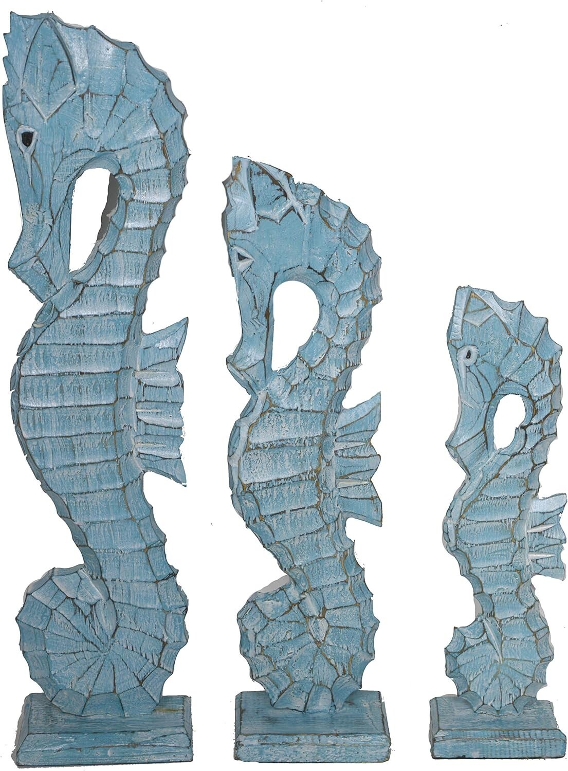 OCEAN SEAHORSES HAND CARVED TEAL STANDING STATUE HOME ART NAUTICAL ...