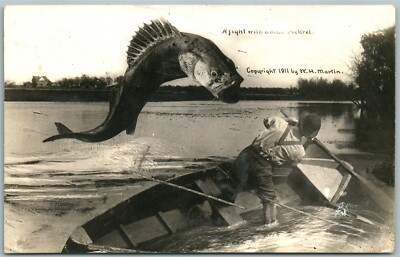 EXAGGERATED FISHING 1911 COPYRIGHT ANTIQUE REAL PHOTO POSTCARD RPPC ...