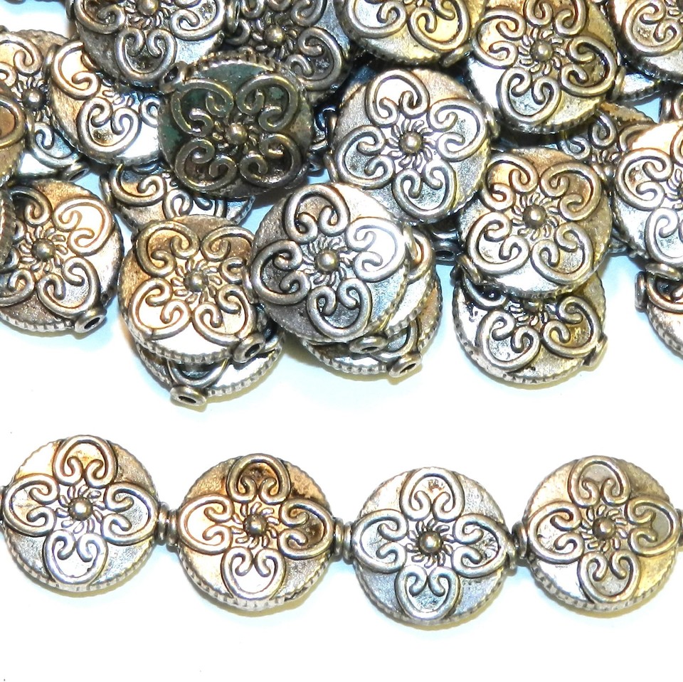 MBL765 Antiqued Silver 15mm Flat Round Flower Design Metal Beads 25pc ...