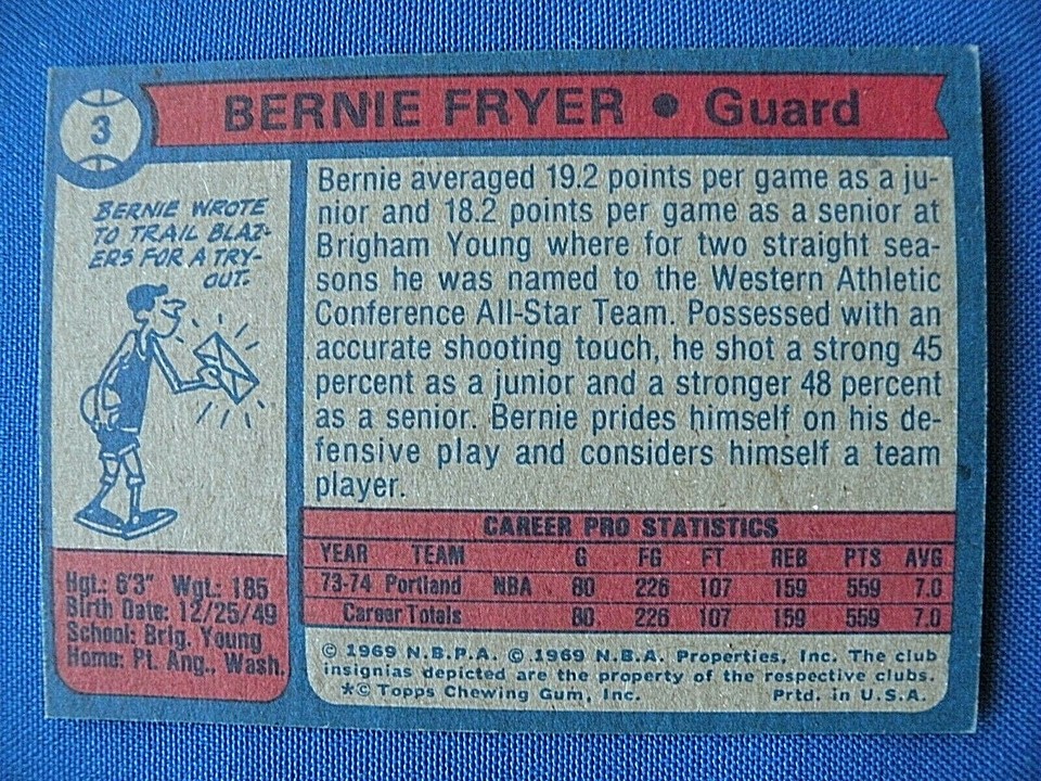 1974/75 Topps Basketball Bernie Fryer Portland Blazers card #3 | eBay
