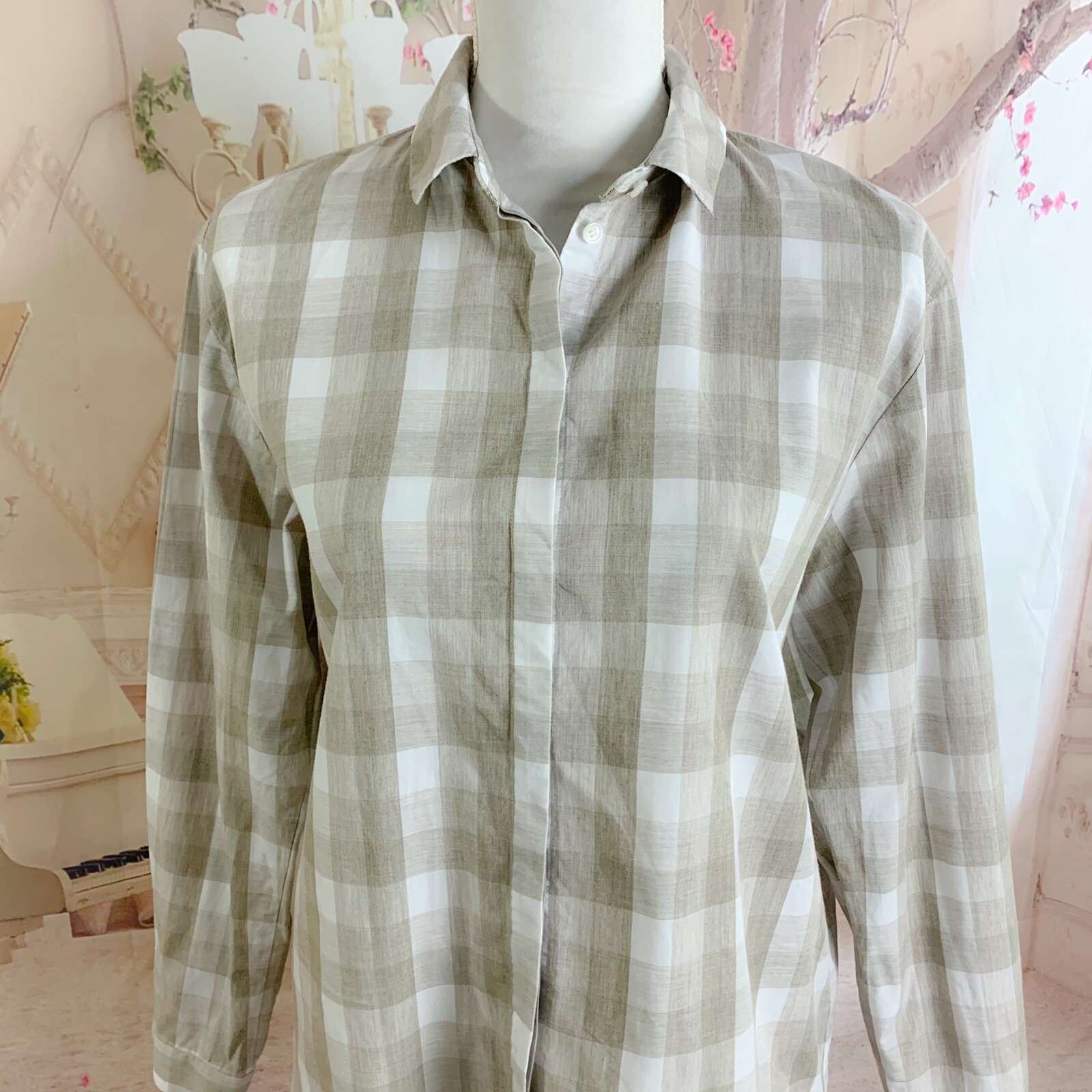 Lafayette 148 Blouse Top Cotton Brown Tan Checker Long Sleeve Button ...