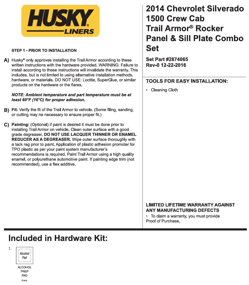 Husky Rocker Panel Trail Armor 3M TapeOn for 2014-18 Silverado & Sierra ...