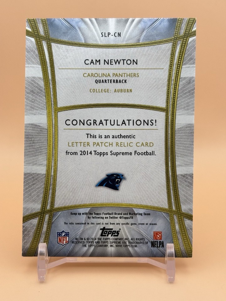 Cam Newton 1/1 2014 Topps Supreme Letter Patch Relic Card #SLP-CN ...