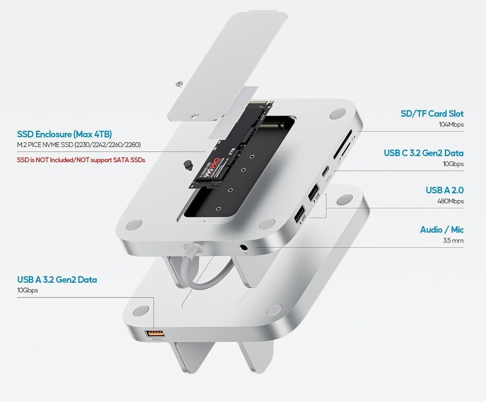 MAC Mini M4 NVMe 4tb Enclosure - USB/Data Card Hub - Audio - Stand | eBay