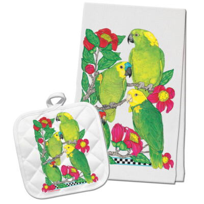 Amazon Parrot Floral Kitchen Dish Towel and Pot Holder Gift Set | eBay